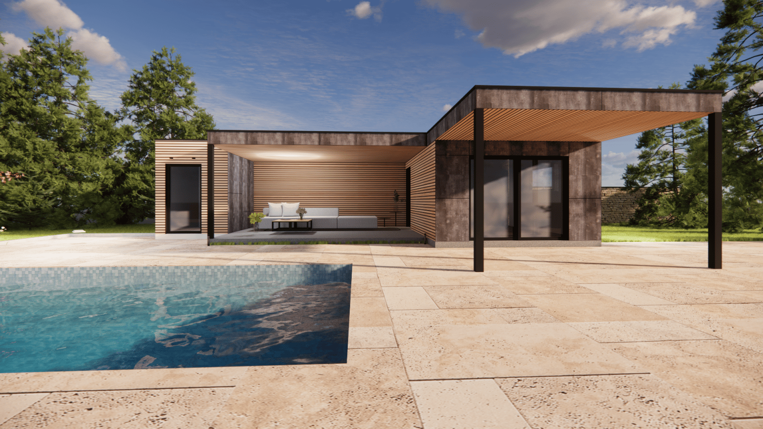 Pool house ossature bois en kit : le gamme Abris-Co