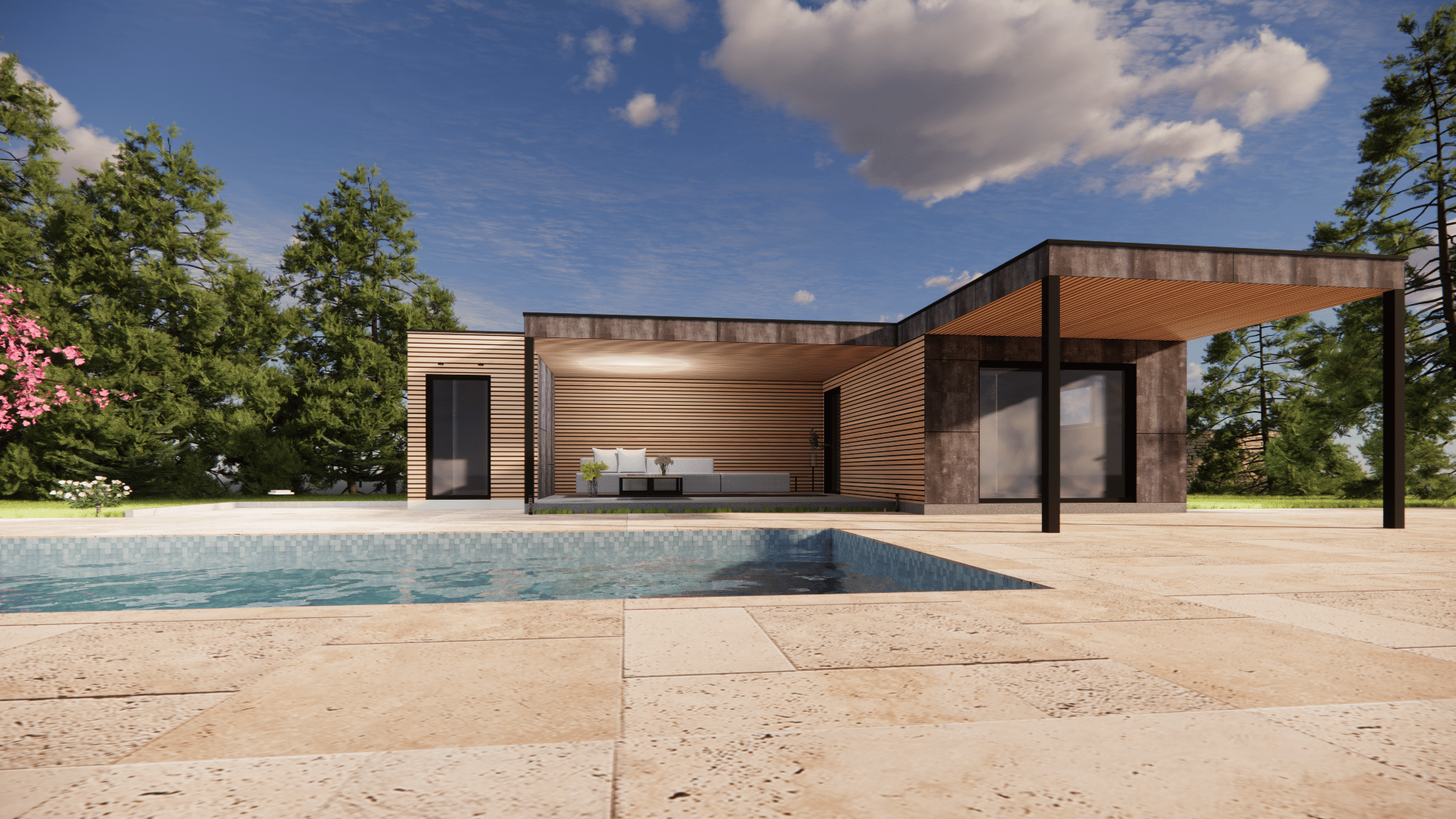 Pool house ossature bois en kit : le gamme Abris-Co